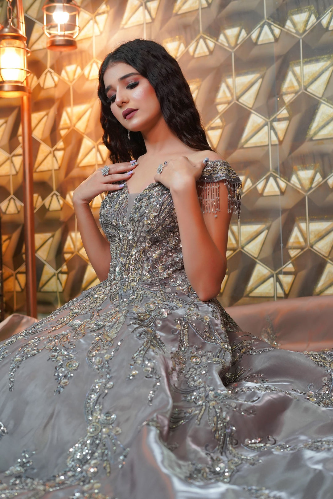 Glamorous grey color evening gown ODHNI